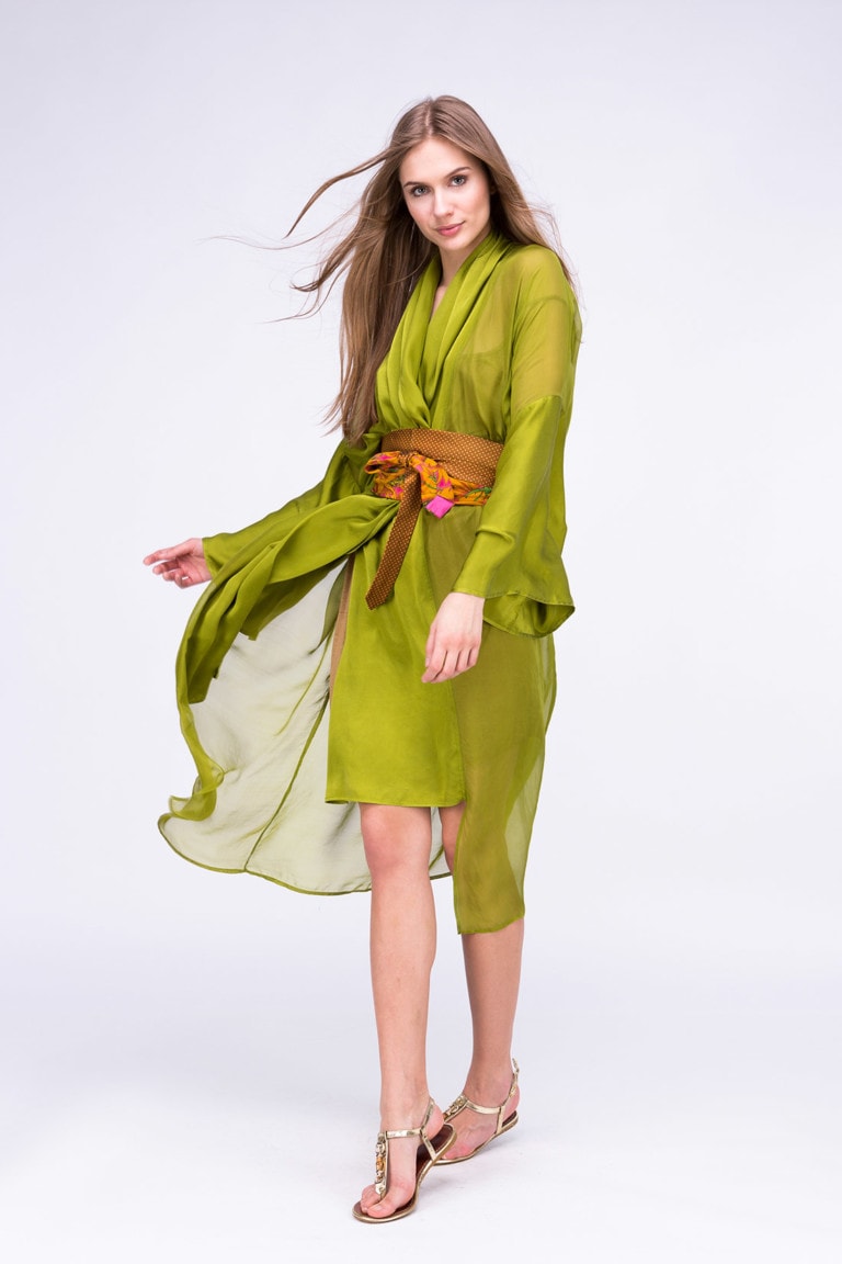 Green silk kimono dress WEZEN - Boutique ASKA