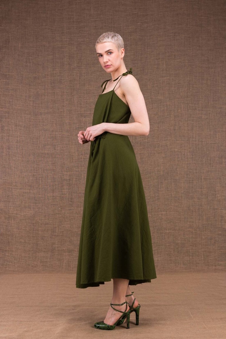 Khaki long backless organic cotton dress MA LONGUE - Boutique ASKA